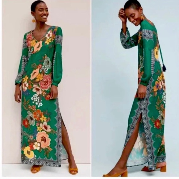 FARM Rio | Dresses | Farm Rio Forest Green Floral Long Sleeve Maxi ...